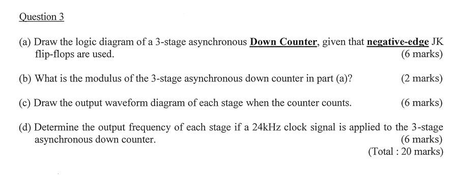 SOLVED: Question 3 Draw the logic diagram of a 3-stage asynchronous Down Counter; given that ...
