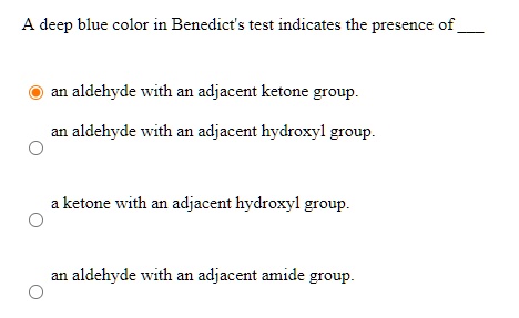 SOLVED: A deep blue color in Benedict' test indicates the presence of ...