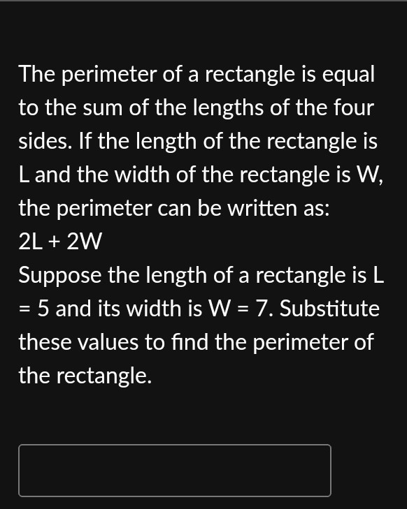 SOLVED: The perimeter of a rectangle is equal to the sum of the lengths ...