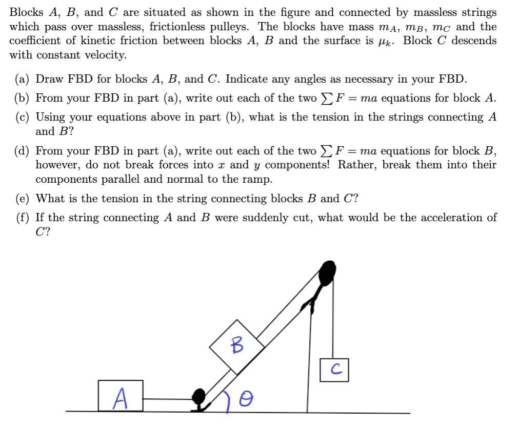 blocks a b and c are situated as shown in the figure and connected by massless strings which ...