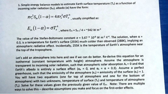 SOLVED: Simple energy balance models to estimate Earth surface ...
