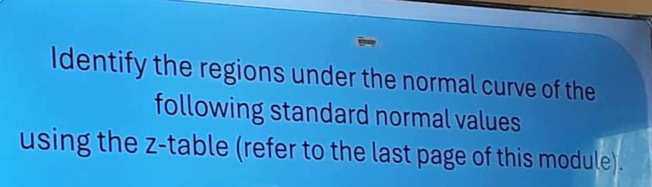 Identify the regions under the normal curve of the following standard ...