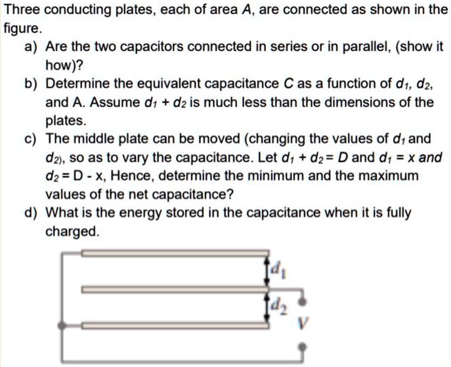 SOLVED: Three conducting plates each of area A are connected as shown ...