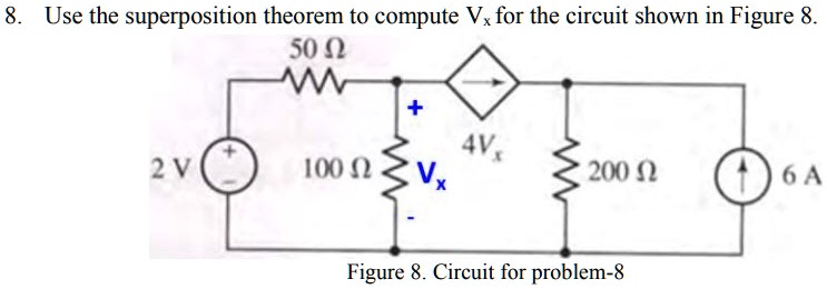 SOLVED: Use the superposition theorem to compute Vx for the circuit shown in Figure 8. 50 Î© 4V ...