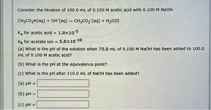 SOLVED: Consider the titration of 100.0 mL of 0.100 M acetic acid with 0.100 M NaOH: CH3COOH(aq ...