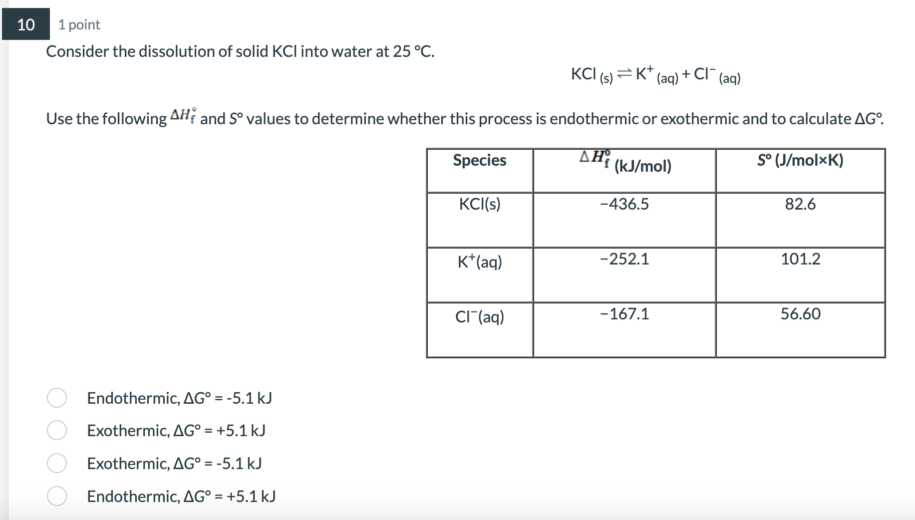 SOLVED: 10 1 point Consider the dissolution of solid KCl into water at 25^∘C. KCl(s)⇌K^+(aq)+Cl ...