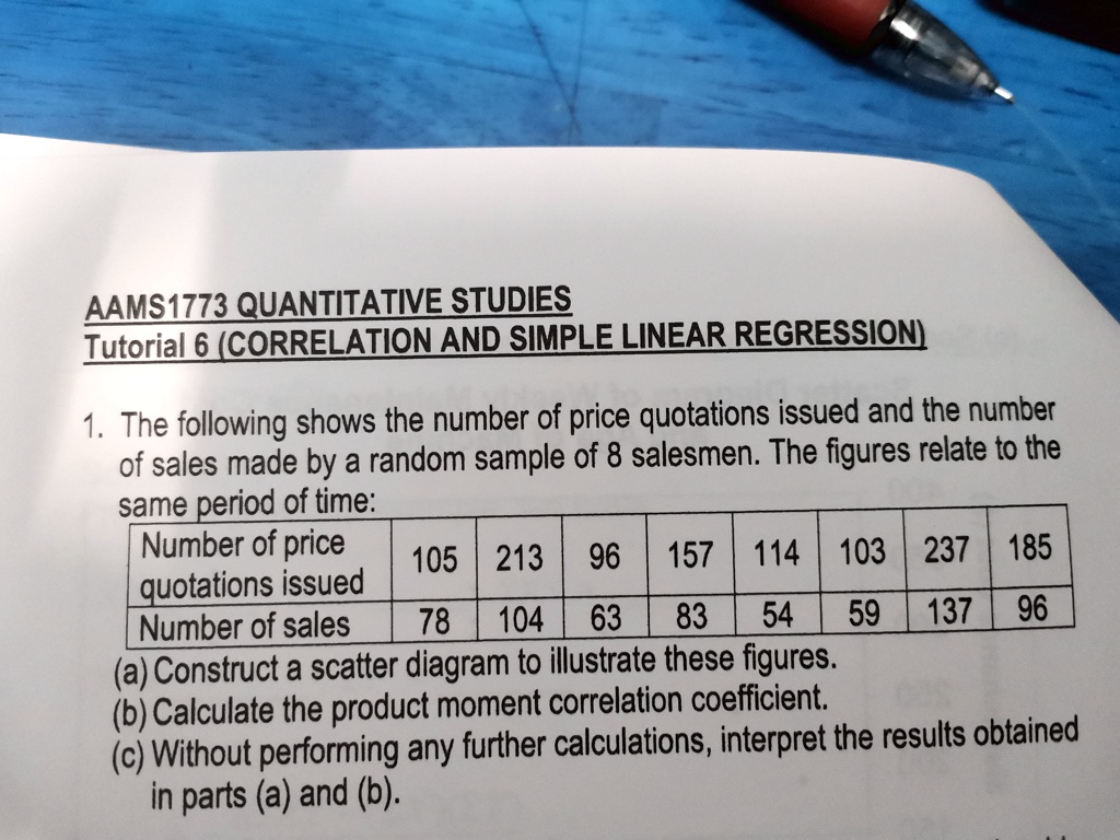 AAMS1773 QUANTITATIVE STUDIES Tutorial 6 (CORRELATION AND SIMPLE LINEAR ...