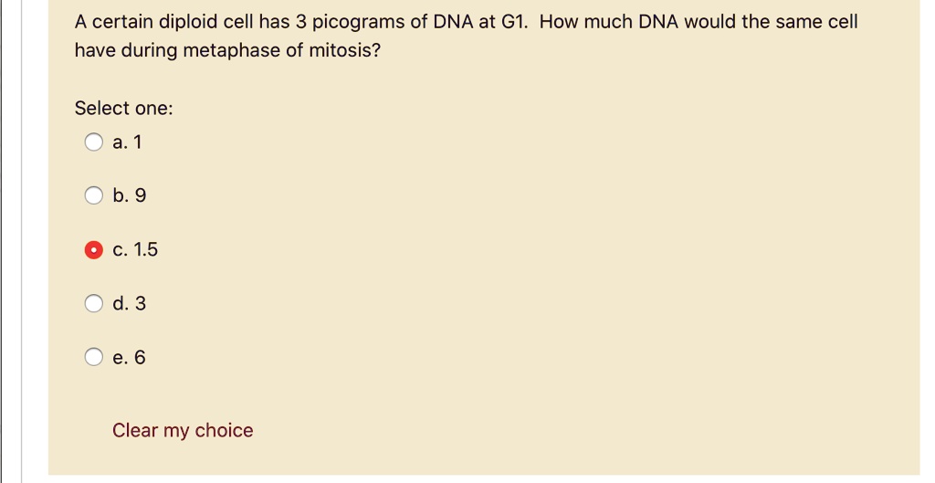 SOLVED: A certain diploid cell has 3 picograms of DNA at G1. How much ...
