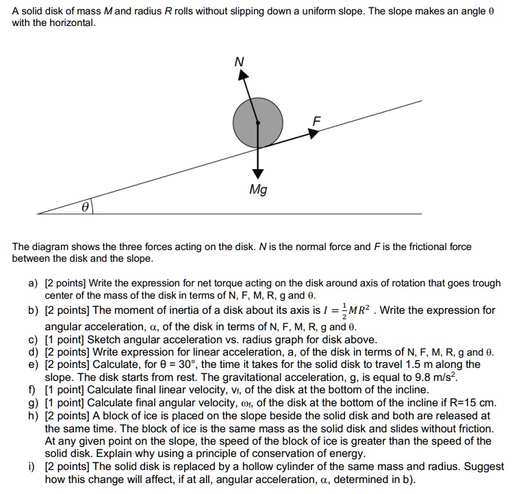 SOLVED: A solid disk of mass Mand radius R rolls without slipping down ...