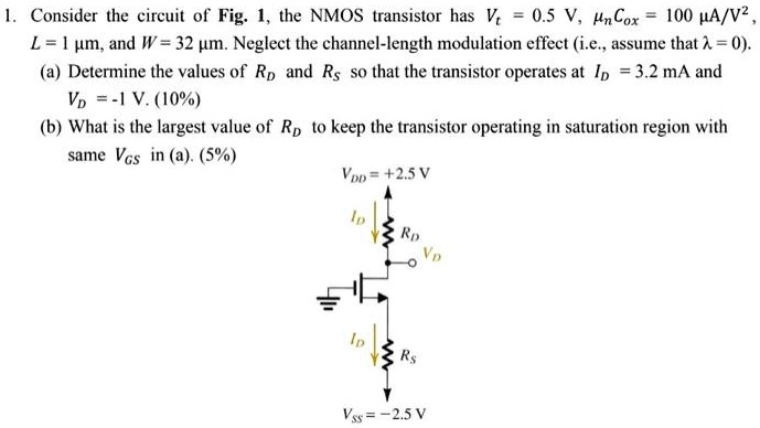 SOLVED: Consider the circuit of Fig. 1. The NMOS transistor has V = 0.5V, nCox = 100 A/V^2, L ...