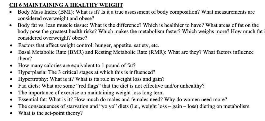 SOLVED: CH6 MAINTAINING HEALTHY WEIGHT Body Mass Index (BMI): What is ...