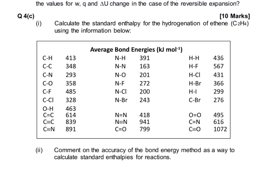 the values for w, q and ΔU change in the case of the reversible ...