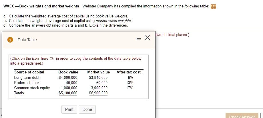 SOLVED: WACC–Book weights and market weightsWebster Company has compiled the information shown ...