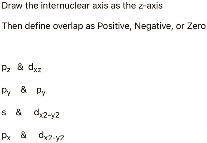 Draw the internuclear axis as the z-axis Then define overlap as Positive, Negative, or Zero pz ...
