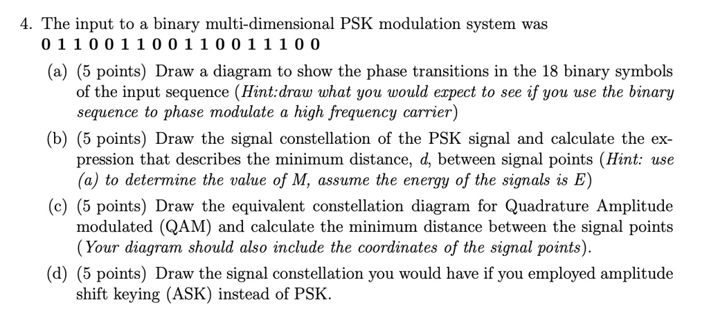 SOLVED: 4. The input to a binary multi-dimensional PSK modulation system was 011001100110011100 ...