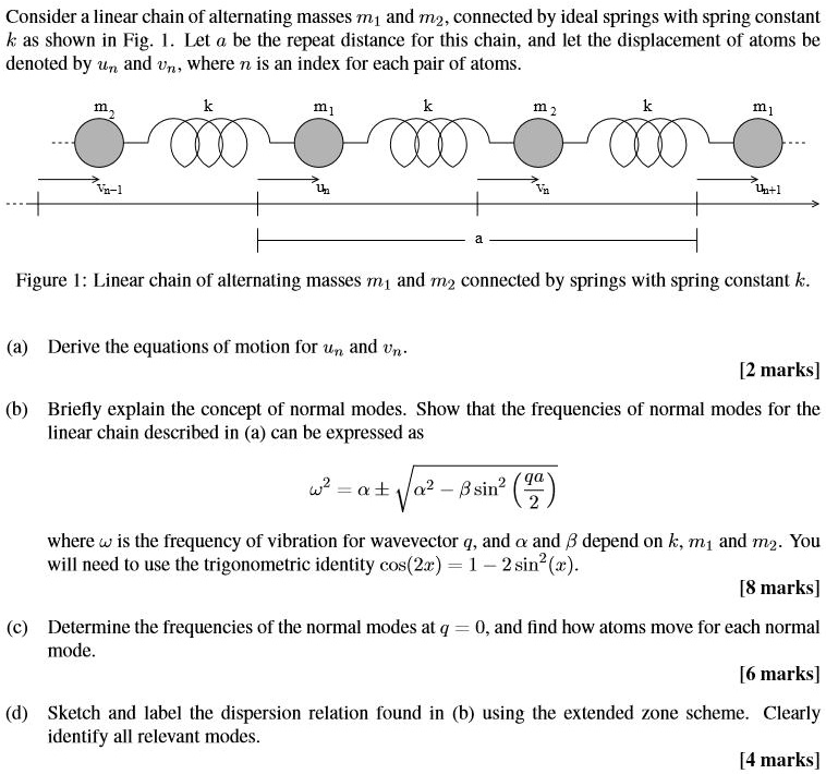 SOLVED: Consider a linear chain of alternating masses m and m2, connected by ideal springs with ...