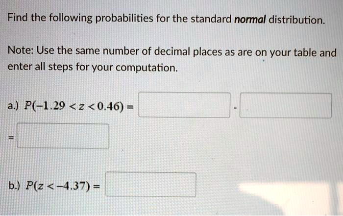 SOLVED: Find the following probabilities for the standard normal ...