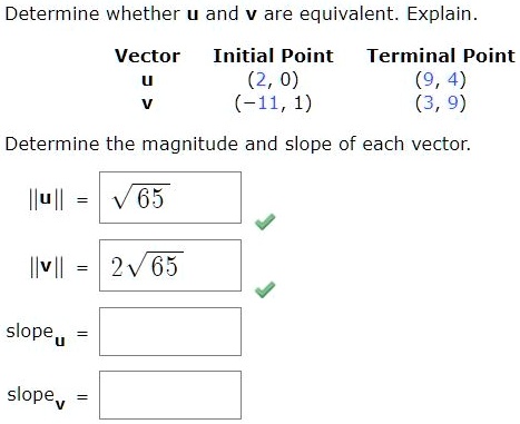 SOLVED: Determine whether u and v are equivalent. Explain. Vector Initial Point Terminal Point ...