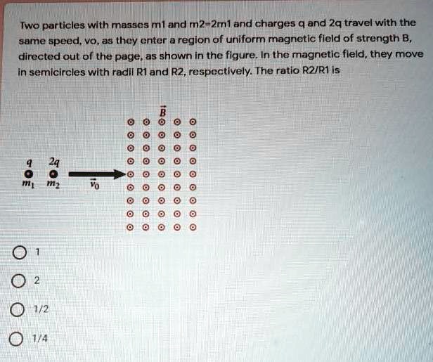 SOLVED: Two particles with masses mi and m2-2ml and charges q and 2q travel with the same speed ...