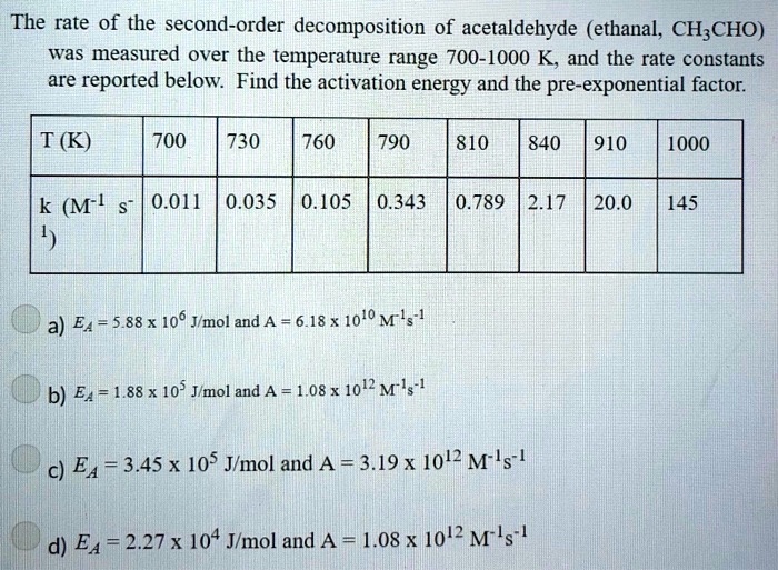 The rate of the second-order decomposition of acetaldehyde (ethanal, CH3CHO) was measured over ...