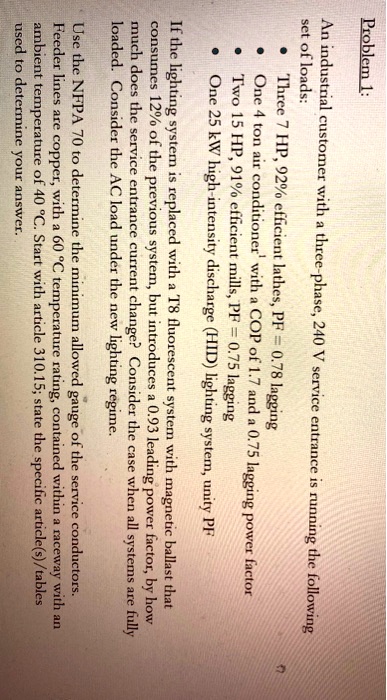 SOLVED: Texts used to determine your answer. Set of loads: Problem 1: Use the NFPA 70 to ...