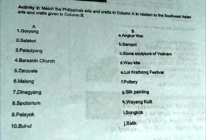 SOLVED: Activity 2: Match the Philippine arts and crafts given in ...