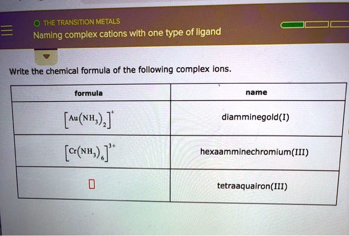 SOLVED: 0 THE TRANSITION METALS Naming complex cations with one type of ...