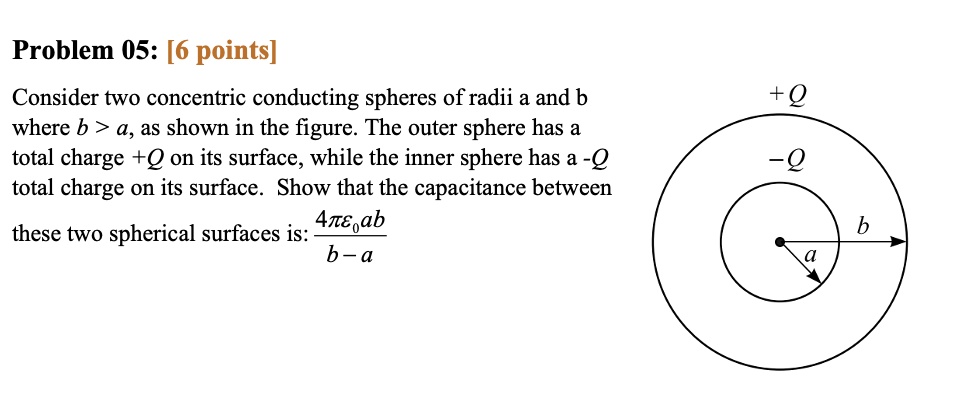 Problem 05: [6 points] Consider two concentric conducting spheres of radii a and b where b > a ...