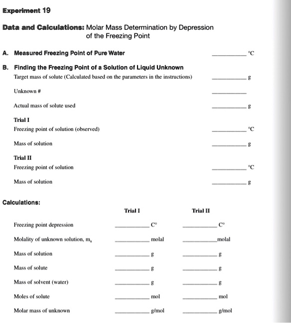 Experiment 19 Data and Calculations: Molar Mass Determination by ...