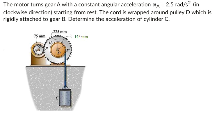 SOLVED: The motor turns gear A with a constant angular acceleration XA 2.5 rad/s2 (in clockwise ...