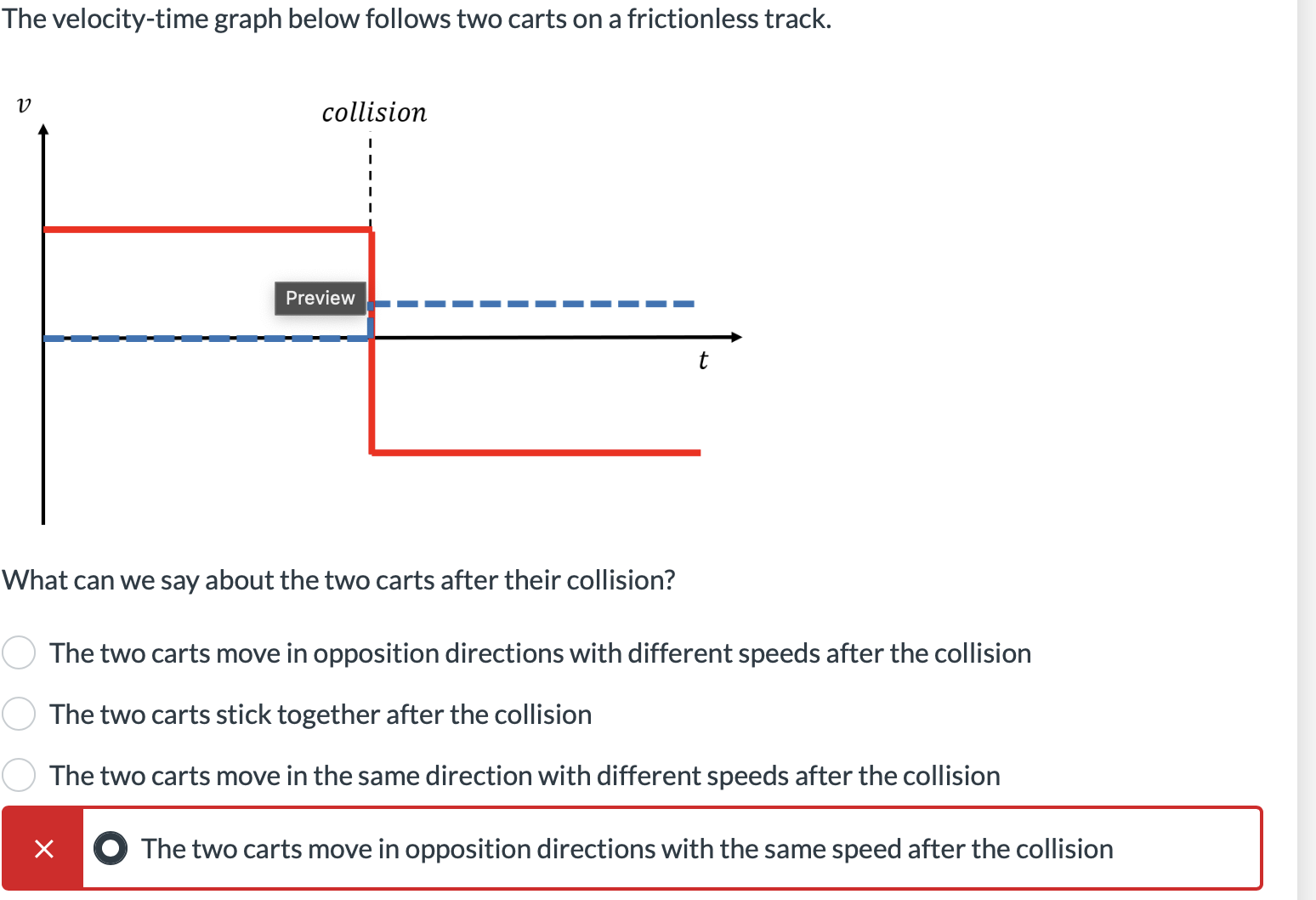 SOLVED: The velocity-time graph below follows two carts on a frictionless track. What can we say ...