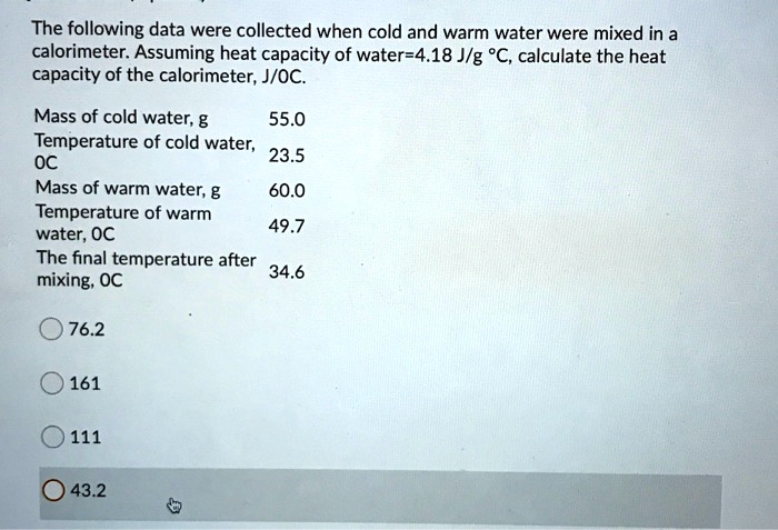 SOLVED: The following data were collected when cold and warm water were mixed in a calorimeter ...
