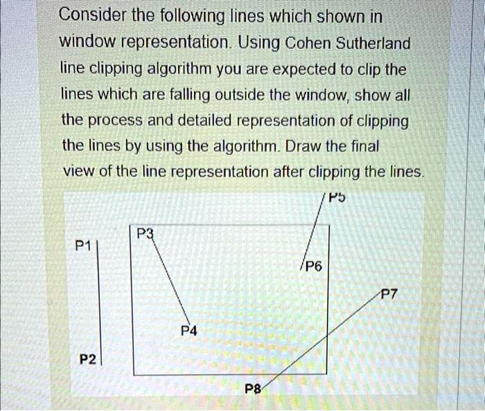 Consider the following lines which shown in window representation. Using Cohen Sutherland line ...