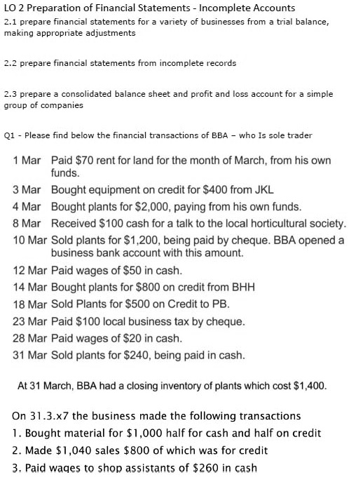 SOLVED: LO2 Preparation of Financial Statements - Incomplete Accounts 2 ...