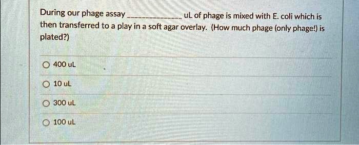 During our phage assay uL of phage is mixed with E. coli which is then ...