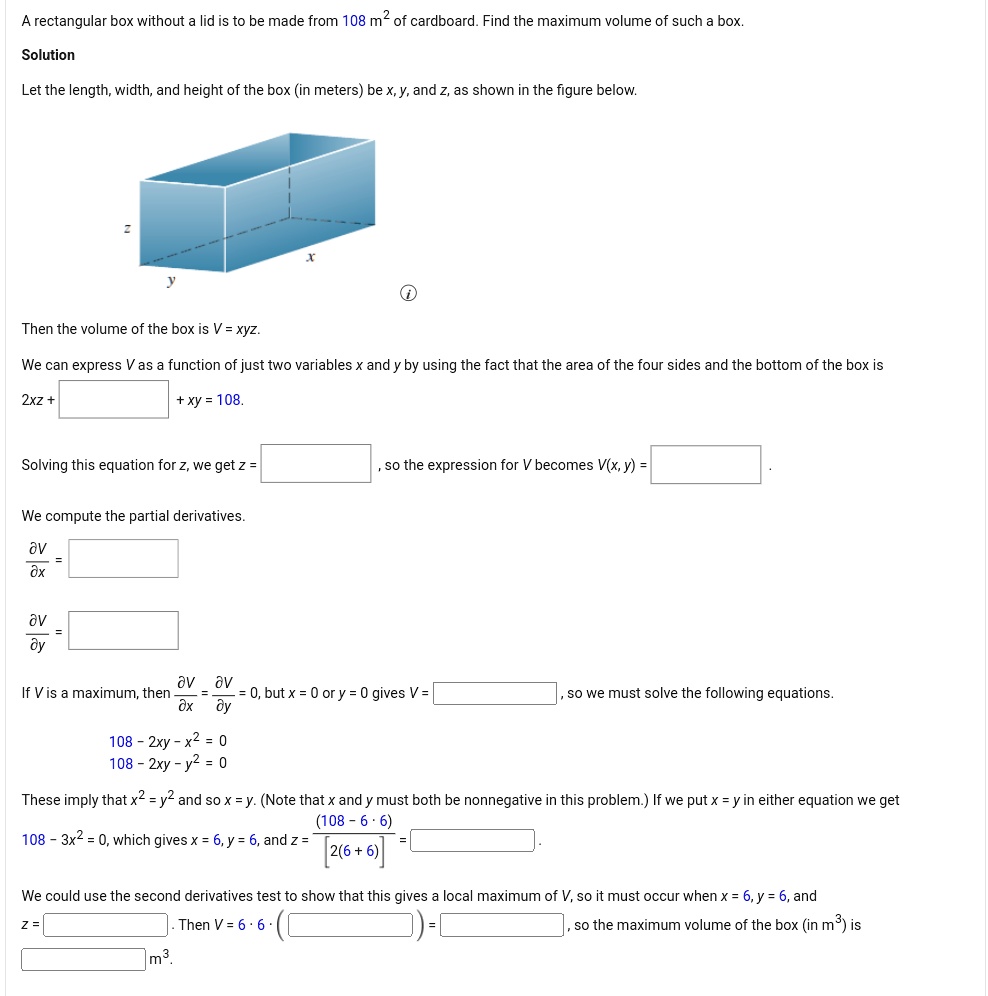 solution let the length width and height of the box in meters be x y and z as shown in the ...