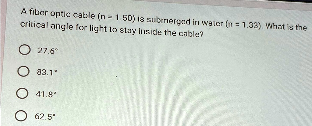 SOLVED: A fiber optic cable (n) = 1.50 is submerged in water (n) = 1.33 ...