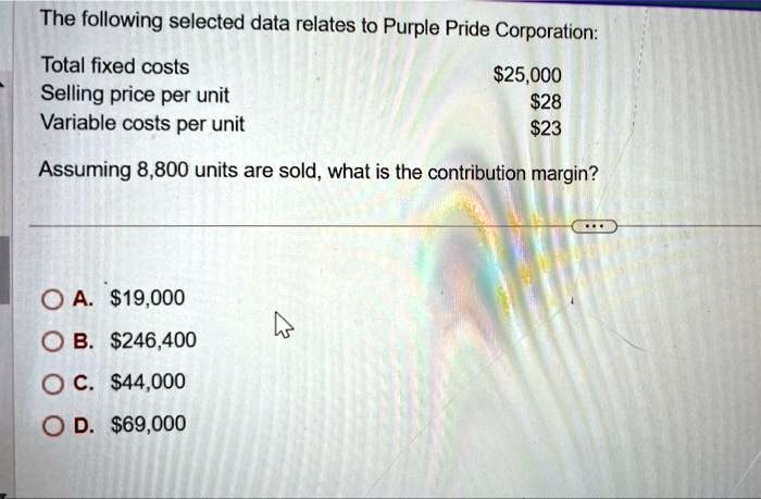 The following selected data relates to Purple Pride Corporation: Total ...