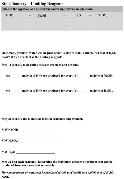 Stoichiometry - Limiting Reagents Balance the equation and answer the ...