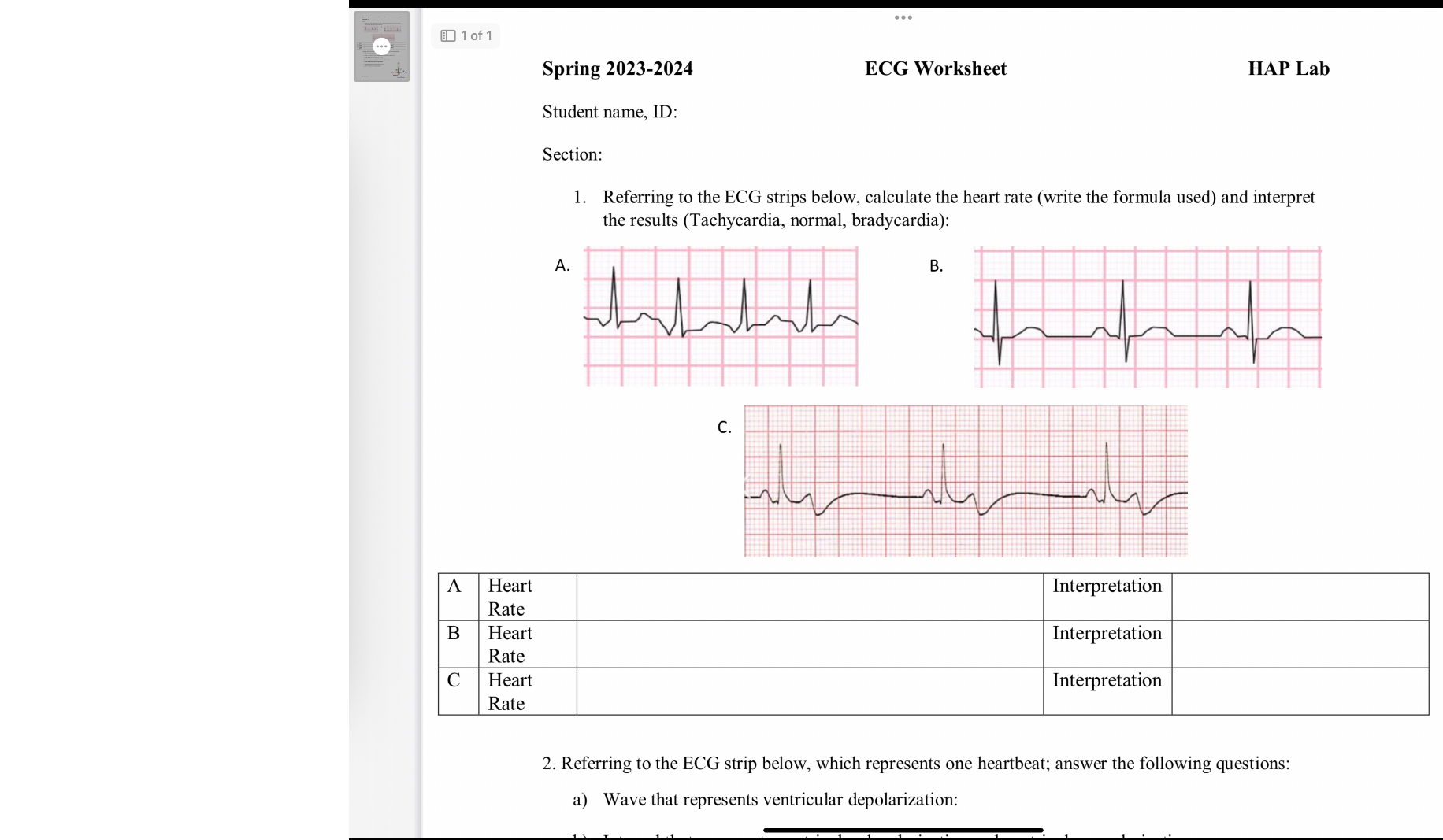 1 of 1 Spring 2023-2024 ECG Worksheet HAP Lab Student name, ID: Section ...