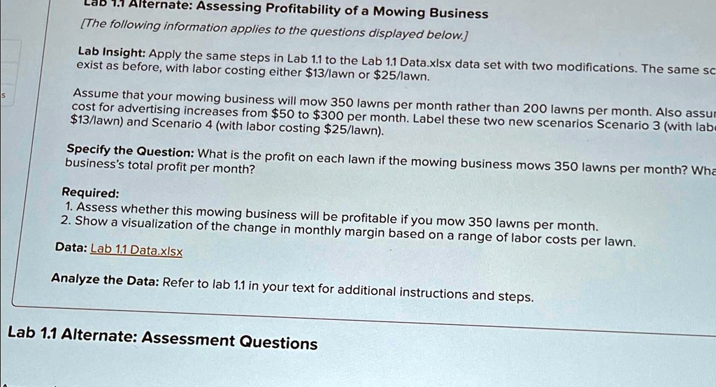 Lab 1.1 Alternate: Assessing Profitability of a Mowing Business [The following information ...