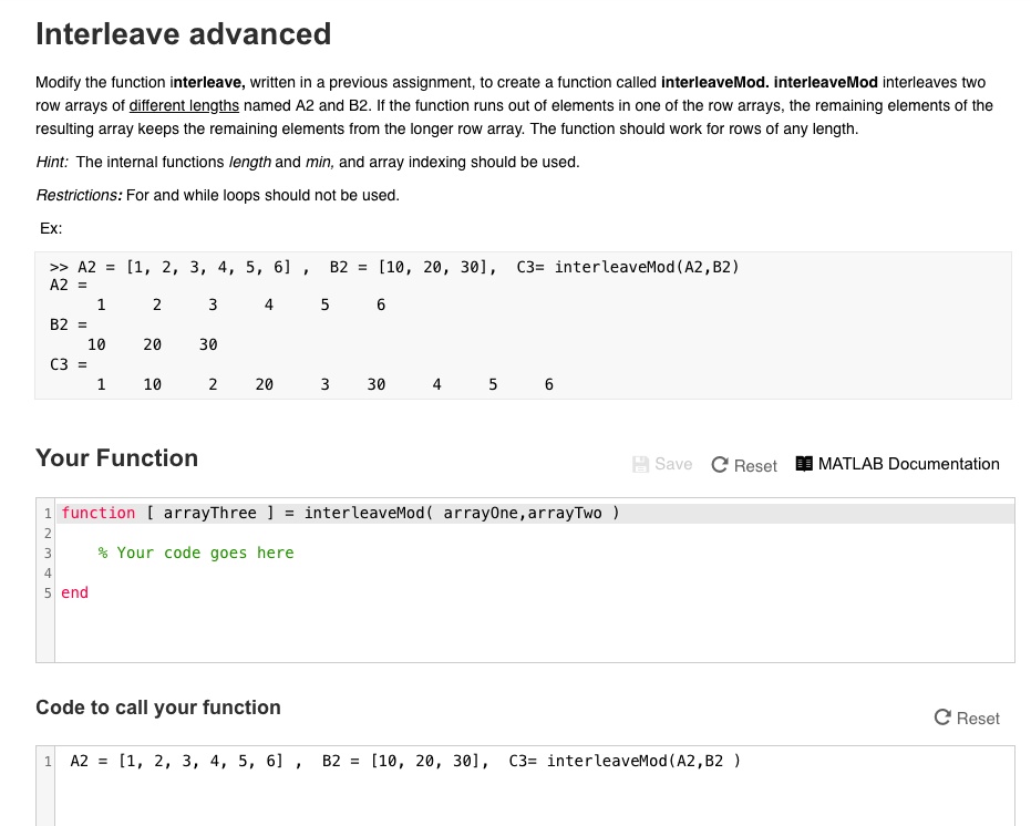 Solved Interleave Advanced Matlab Help No For And While Loops Interleave Advanced Modify The