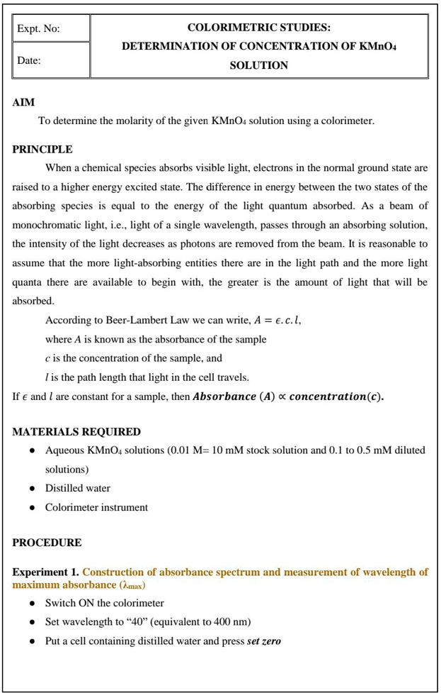Expt. No: Date: COLORIMETRIC STUDIES: DETERMINATION OF CONCENTRATION OF ...