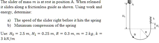SOLVED: The slider of mass m is at rest in position A. When released, it slides along a ...