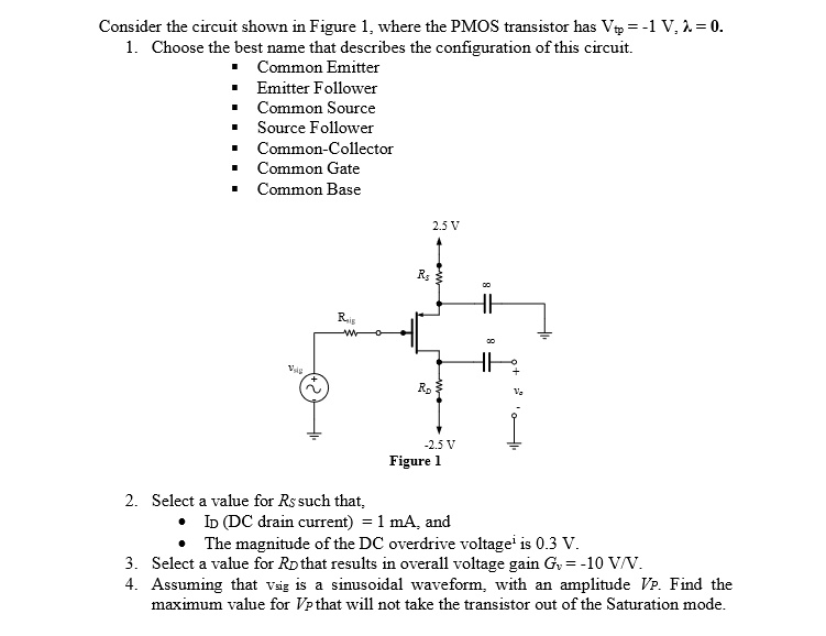 SOLVED: Consider the circuit shown in Figure 1, where the PMOS transistor has Vtp = -1 V, Î¼ = 0 ...