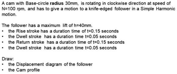 A cam with Base-circle radius 30mm, is rotating in clockwise direction ...