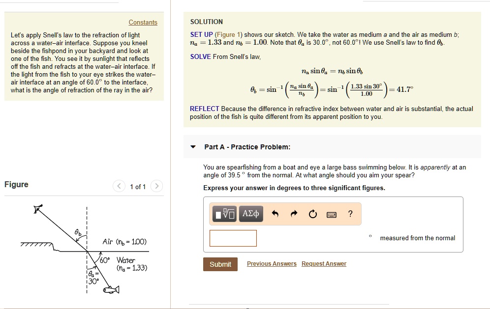 SOLVED: Let's apply Snell's law to the refraction of light across a ...