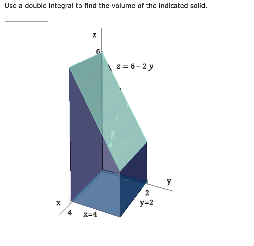 SOLVED: Use a double integral to find the volume of the indicated solid: 2 2 = 6 2y 2 y-2 4 X=4