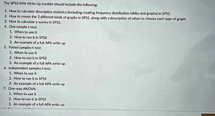 The SPSS/APA Write Up booklet should include the following: 1. How to calculate descriptive ...