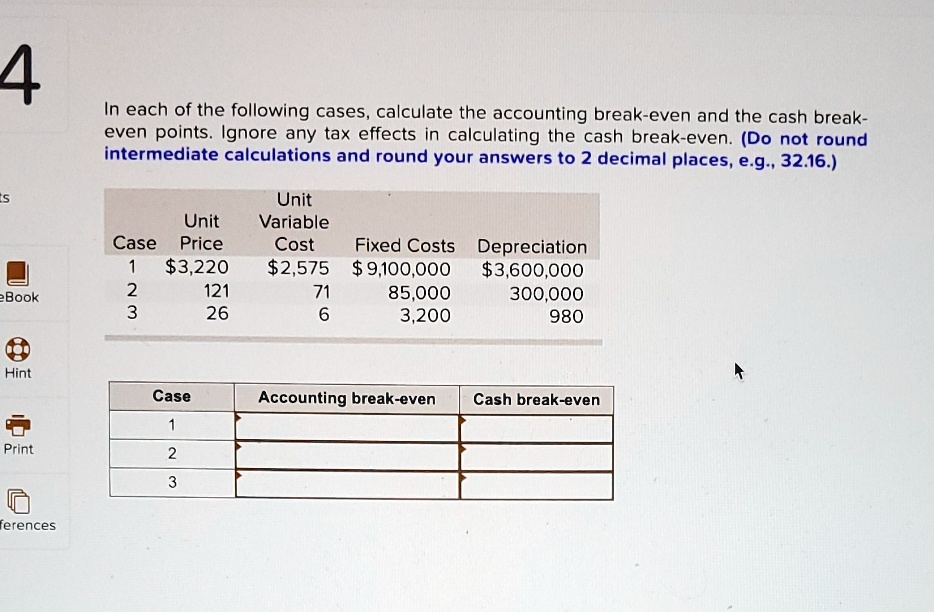SOLVED: Questions are in 4. In each of the following cases, calculate the accounting break-even ...